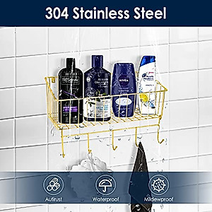 KingFurt Shower Caddy Gold,2Pcs Adhesive Bathroom Shower Organizer Shelves,Kitchen Storage Rack with Hooks,No Drilling Wall Mounted or Drill Stainless Steel Rustproof Shower Shelf for Inside Shower