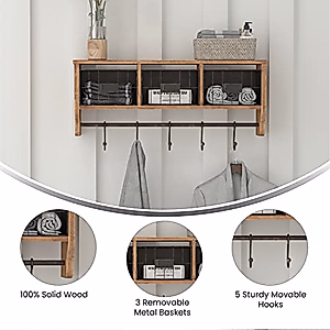 Merrick Lane Enid Wall Mount 24 Inch Solid Pine Wood Storage Rack with Upper Shelf, Hooks, and Wire Baskets for Living Room, Kitchen, or Entryway in Rustic Brown