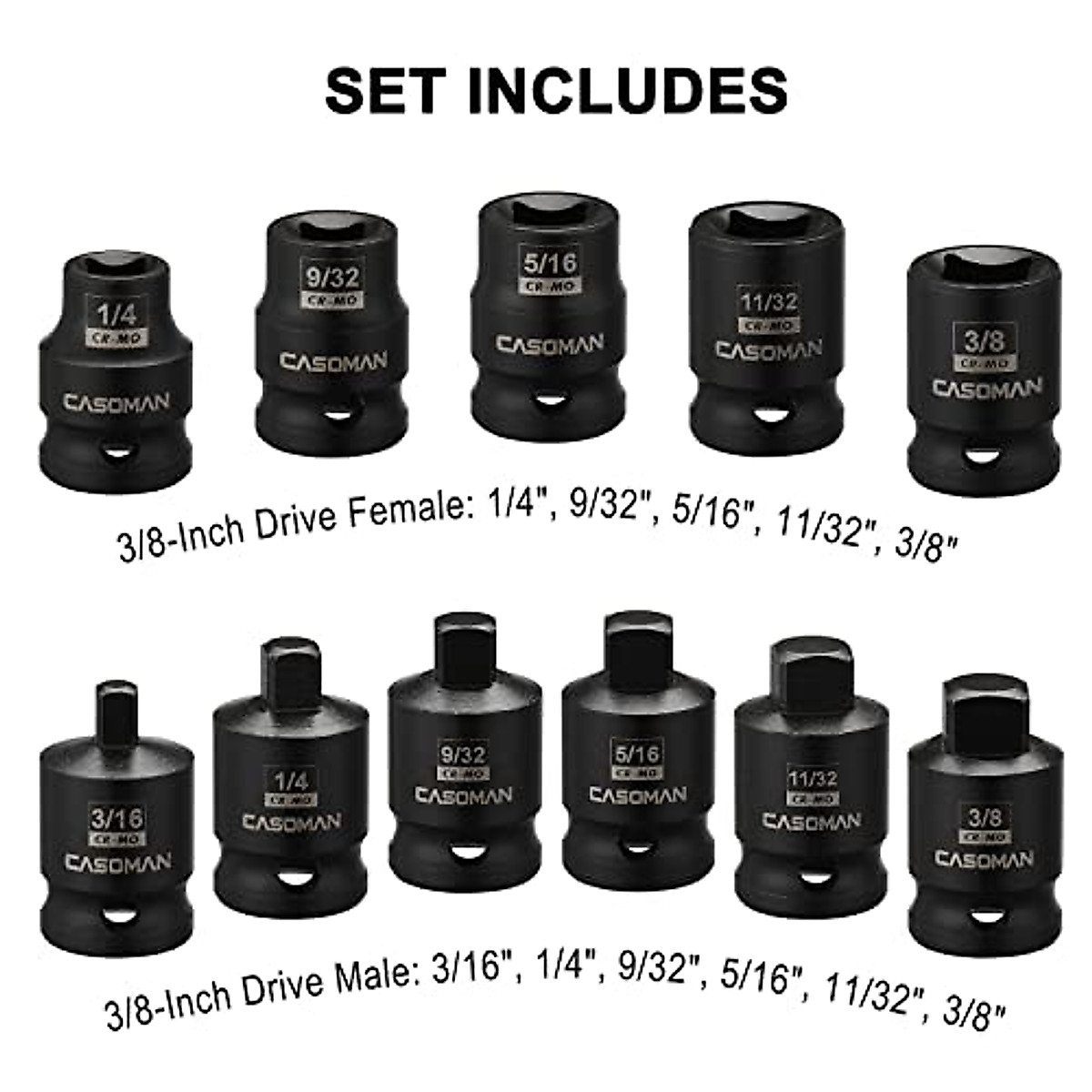 CASOMAN 3/8-inch Drive Pipe Plug Socekt Set, SAE, CR-MO, Tapered Male Square Drive, Chamfered Female Square Drive,11 Pieces Set
