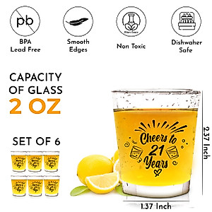 Bisyata 21st Birthday Shot Glass Gift Set for Women and Men - 21 Birthday Party Decorations for Her or Him - Cheers to 21 Years CLEAR Shot Glasses - 2oz Set of 6 - With Gift Box