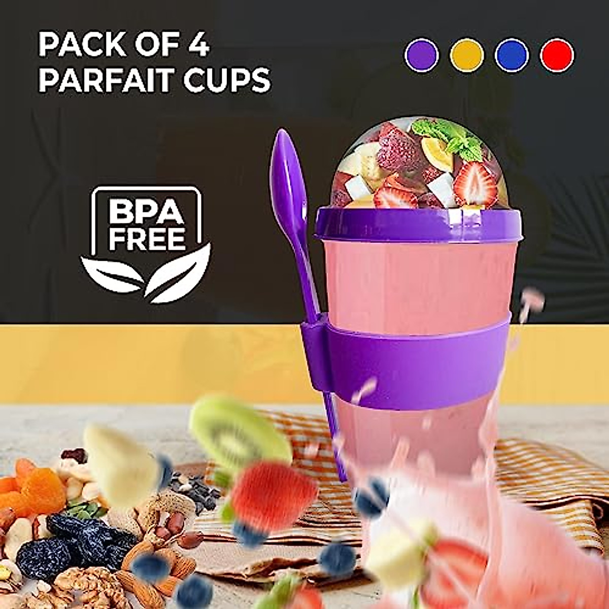 Minial Wave Pack of 4 Yogurt Parfait Cups with Lids and Spoon - Portable and Reusable - Ideal for Breakfast, Snacks, and On-the-Go crunch cup - Versatile Set of Overnight Oats Containers with Lids