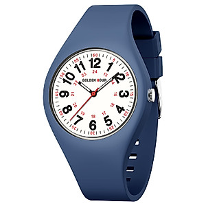 GOLDEN HOUR Waterproof Sports Analog Unisex Watches for Nurse Medical Professionals, Students - Military Time Glowing Easy to Read Dial, Jelly Silicone Strap in Navy Blue