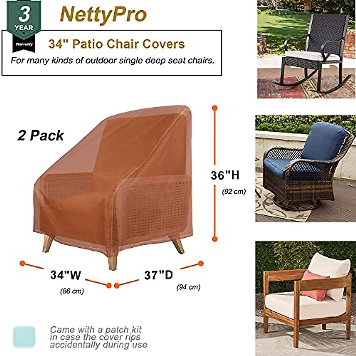 NettyPro Patio Chair Covers for Outdoor Furniture 2 Pack, Waterproof Heavy Duty Lawn Patio Furniture Cover Deep Seat Dining Chair Covers High Back, 34W x 37D x 36H inches, Brown