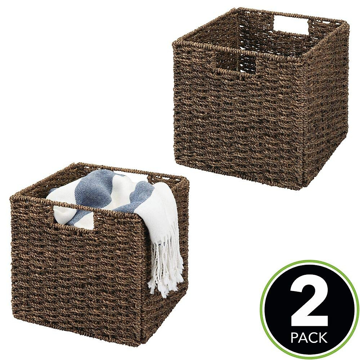 mDesign Natural Woven Seagrass Closet Storage Organizer Basket Bin - Collapsible - for Cube Furniture Shelving in Closet, Bedroom, Bathroom, Entryway, Office - 10.5" High, 2 Pack - Chestnut Brown