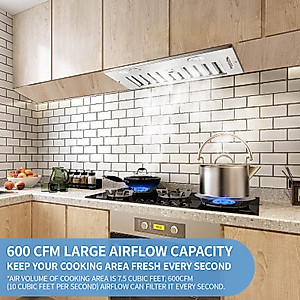 JOEAONZ Range Hood Insert 20 Inch Stainless Steel with Baffle filters, 600 CFM Built-in Kitchen Hood, Ducted/Ductless Convertible Vent Hood GU10 LED, 3 Speed Stove Exhaust Fan, Push Button Control