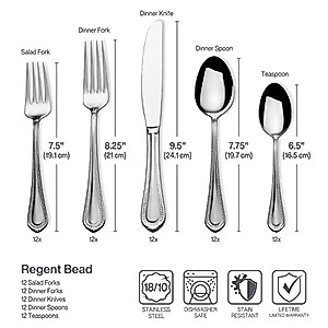 Mikasa Regent Bead 65 Piece Silverware Set, 18.10 Polished Mirror Stainless Steel, Service for 12 with Serving Set