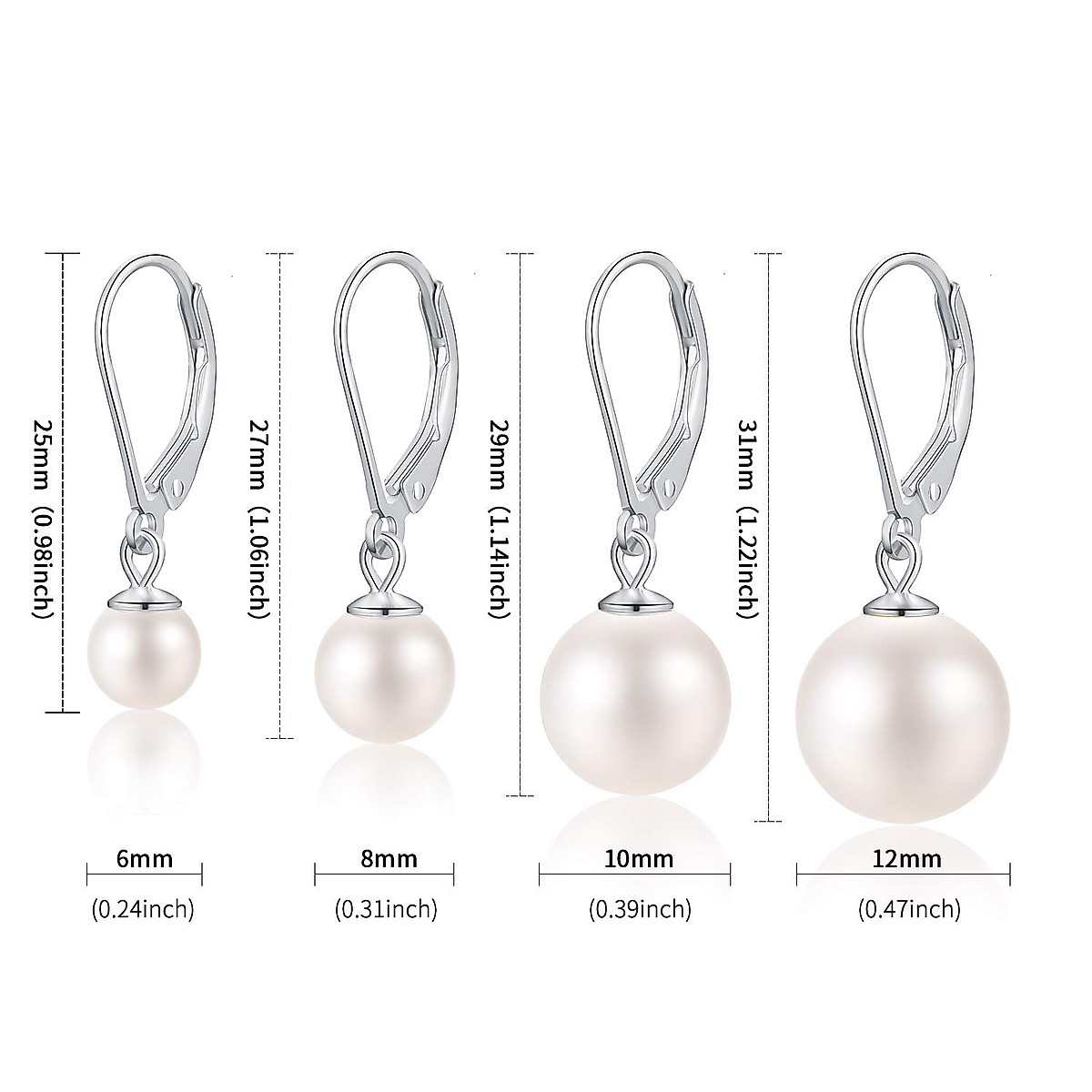 Esberry 925 Sterling Shell Pearl Silver Earrings 6-12mm Handpicked White Shell Pearl Drop Leverback Earrings for Women and Girls