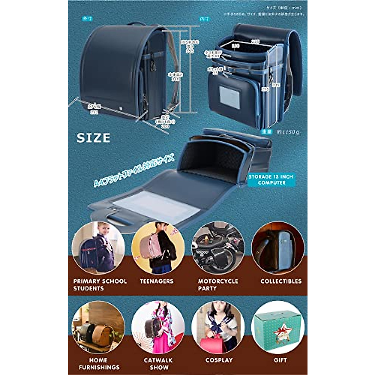 Baobab's wish Ransel Randoseru Backpack Semi-automatic satchel Japanese school bag for girls and boys PU leather bab-rng58 (Blue)