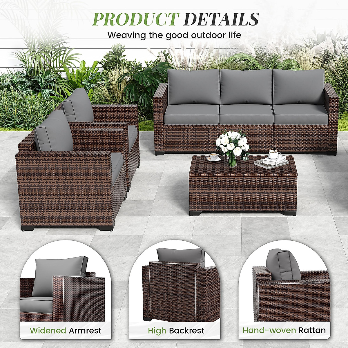 Amopatio Outdoor Patio Furniture Sets, 8 Pieces Outdoor Wicker Patio-Furniture, Outdoor Sectional Patio Set with Storage Table, Patio Conversation Set for Proch Garden Deck (Grey)