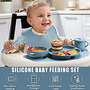 Mimorou 16 Pack Baby Feeding Supplies Set, Silicone Baby Led Weaning Suction Plates and Bowls Silicone Bibs Anti Slip Placemat Snack Cups Baby Spoons Forks, Toddler Eating Utensil Set