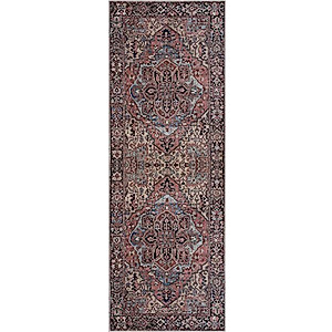 Neyland Machine Washable Living Room Area Rug - Oriental Traditional Persian Medallion Carpet - Vintage Bohemian Look - Dark Red, Burgundy, Blue - 9' x 12'