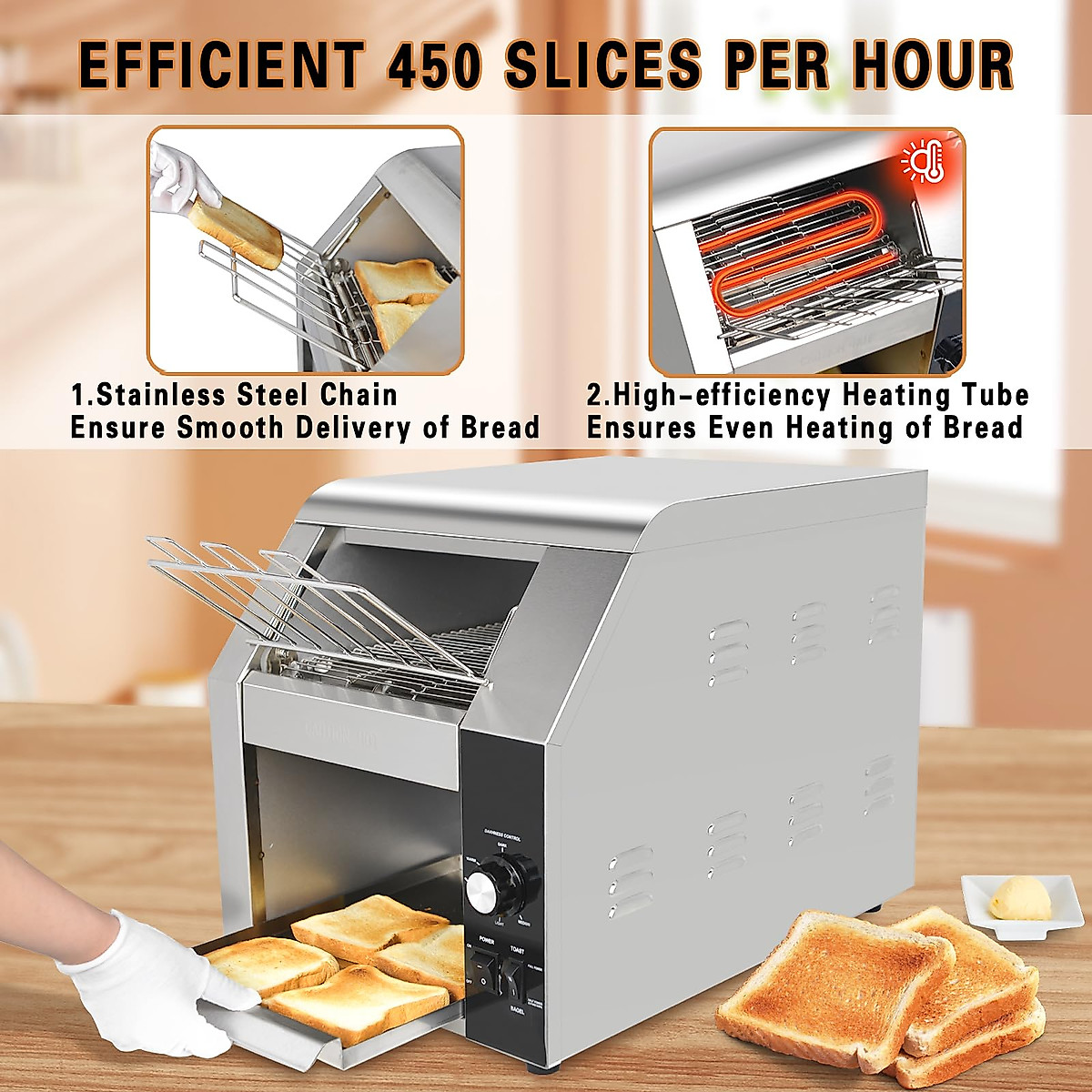 EASYROSE Commercial Conveyor Toaster 450 Slices/Hour Commercial Toaster Oven, 10" Wideness Conveyer Belt Heavy Duty Toasters for Restaurant Hotel Bun Bagel Bread, 120V,1800W, ETL