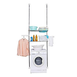 BAOYOUNI 2-Layer Expandable Laundry Shelf Over Washing Machine Storage Rack Tension Pole Space Saver Bathroom Organizer with Towels Clothes Hanger Hook, Ivory