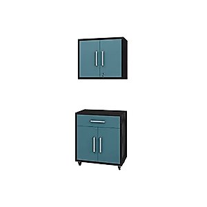 Manhattan Comfort Eiffel 2-Piece Storage Garage Set in Matte Black and Aqua Blue
