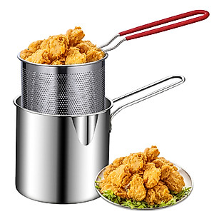 Deep Fryer Pot with Basket, 2Pcs/Set Deep Fryer Pan Stainless Steel Chip Pan with Handle Uncoated Mirror Polished Brushed Frying Pots for French Fries Chicken Wings