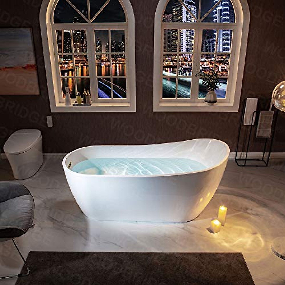 WOODBRIDGE 67"Freestanding White Acylic Soaking Bathtub with White Pillow,Drain and Overflow in Brushed Gold,BTA1508 -BG-Drain &O+ Pillow