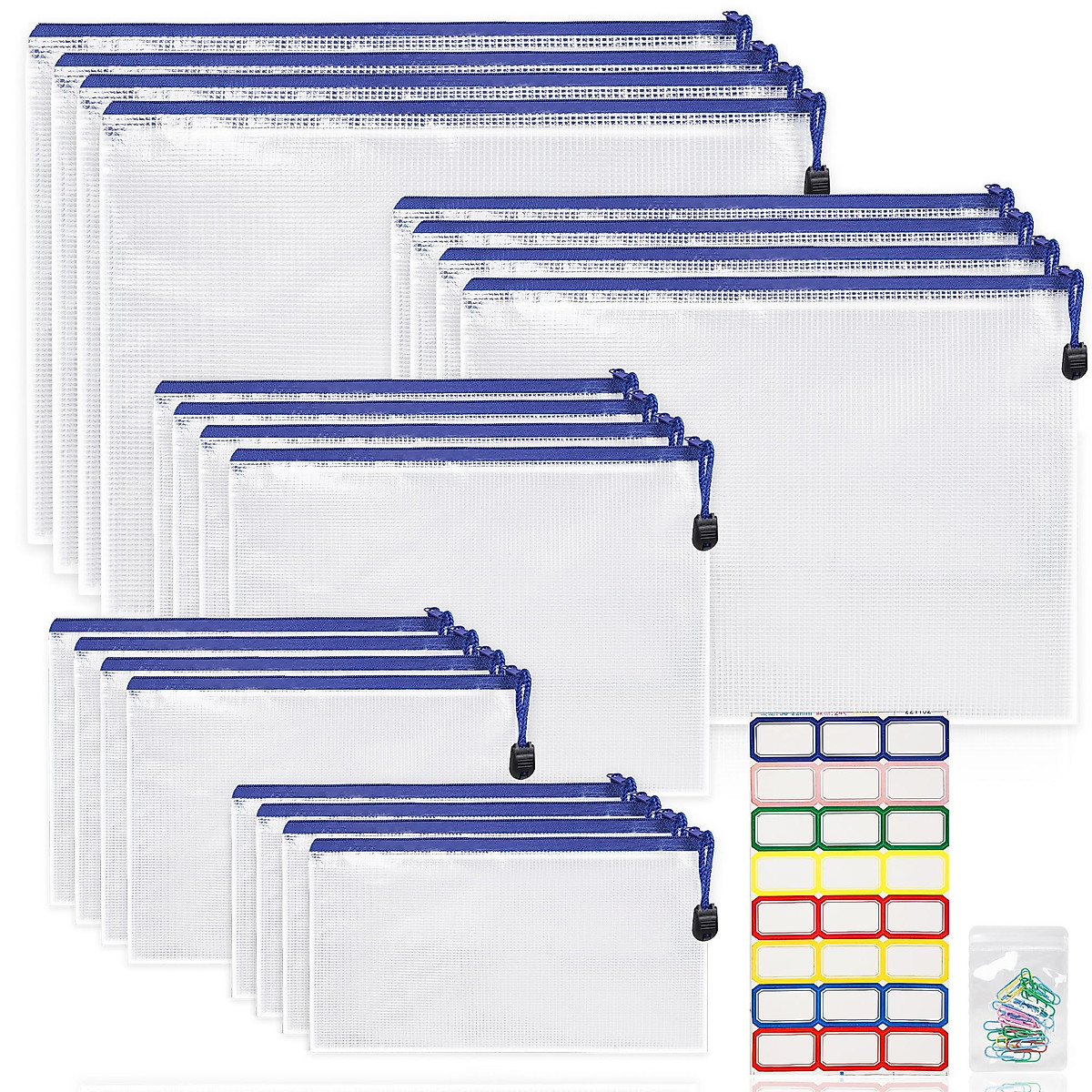 Omnifense 20pcs File Document Pouch 5 Sizes, Versatile Mesh Plastic Zipper Bag for Office Supplies, School Stationery, Travel Organization, and Toy Storage, Waterproof Materials