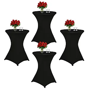LOKUME 4 Pack Cocktail Spandex Stretch Square Corners Tablecloth 32" x 43" Black Cocktail Table Covers, Fitted High Top Spandex Cocktail Table Tablecloth for Bar Wedding Cocktail Party Banquet
