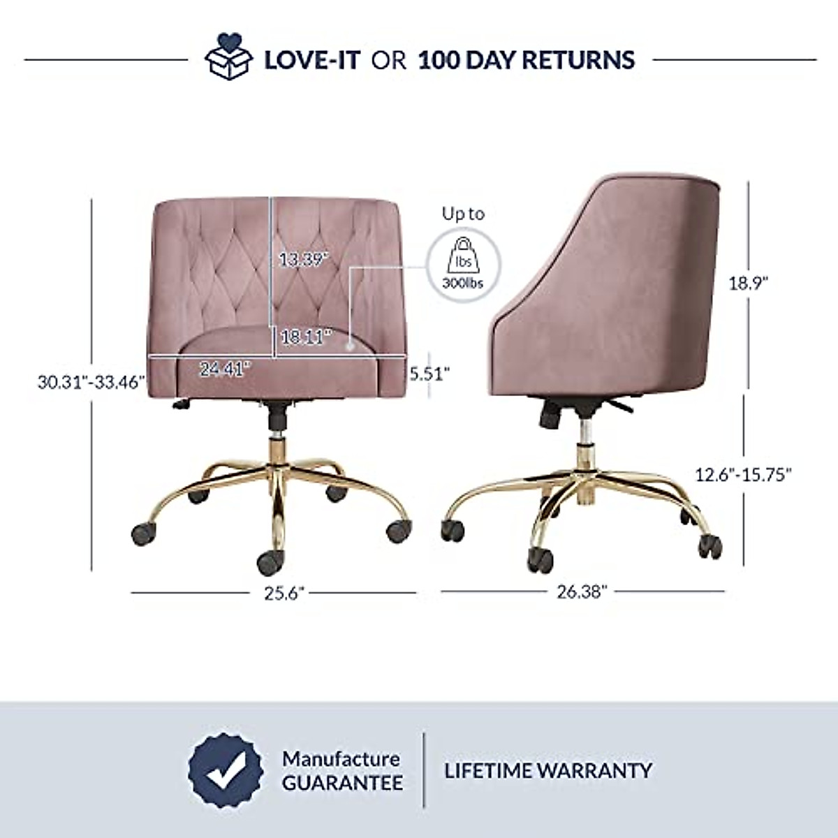 BELLEZE Modern Home Office Chair, Rolling Swivel Desk Chair, Upholstered Velvet Accent Chair, Stylish Comfy Vanity Chair, Adjustable Height - Braelynn (Pink)