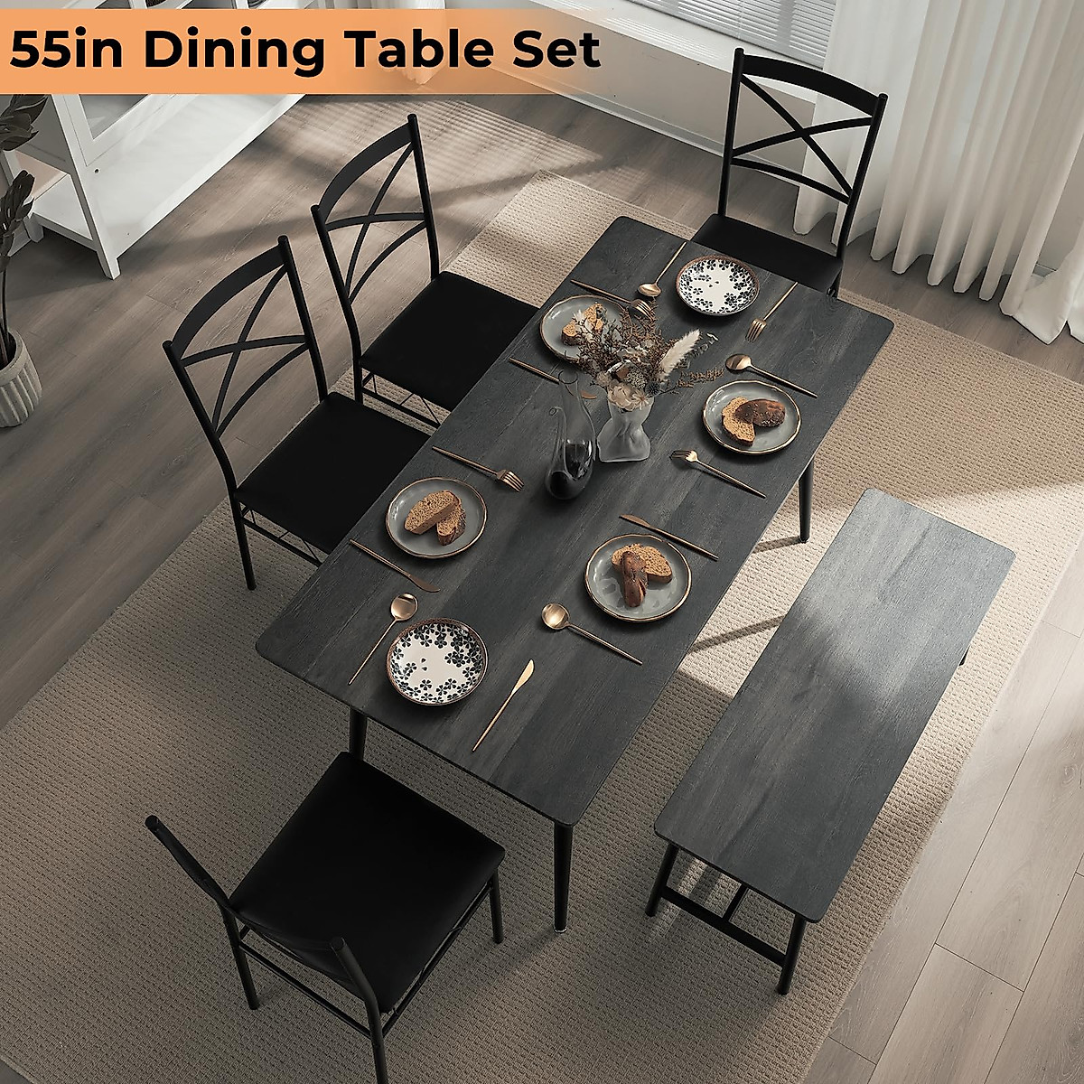 VINGLI 55in Modern Dining Table Set for 6, Rectangular Kitchen Dining Table, Bench, 6 Piece Wooden Dinner Table Set with Upholstered Chairs for Kitchen, Dining Room, Apartment - Dark Grey