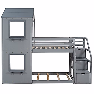Twin House Bunk Beds Wooden Low Floor Bunk Bed with Roof & Window Twin Over Twin Bunk Beds with Stairs and Storage for Kids Teens, Grey