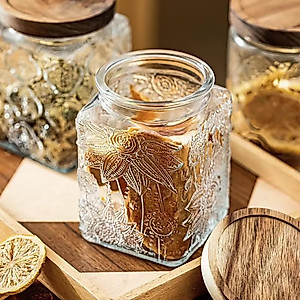 Square Glass Jar, 25.3 FL OZ Vintage Decorative Glass Storage Jar with Bamboo Lid, Glass Food Storage Containers for Candy, Cookies, Coffee, Tea, Cute Jar (Square-Sunflower)