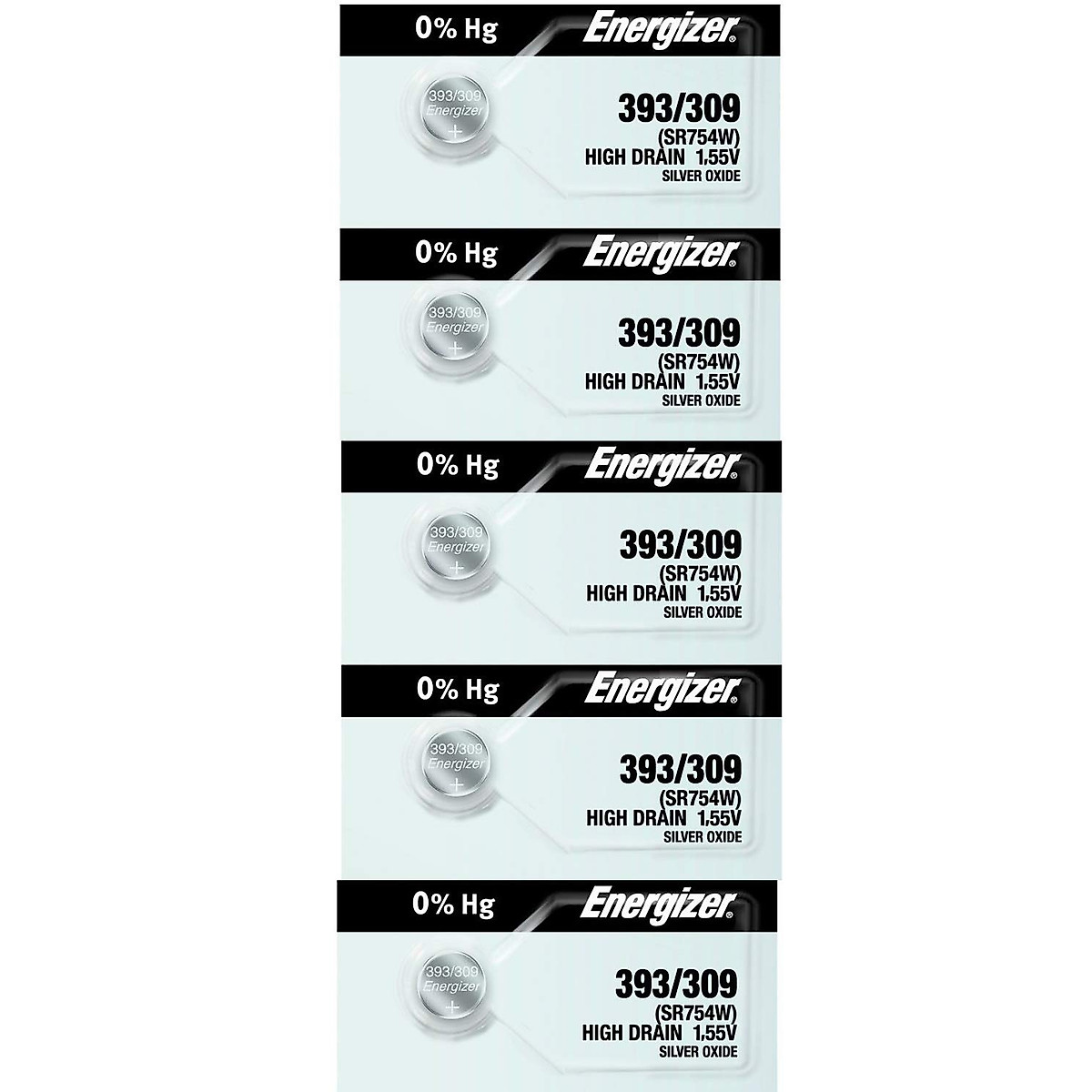 Energizer 393 (309, SR754W, SR754SW) High Drain Silver Oxide Watch Battery. On Tear Strip
