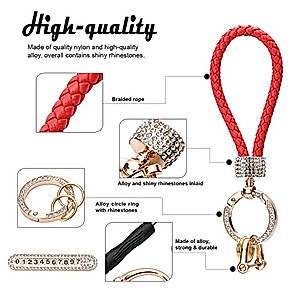 MUGVOLAX Anti-Lost car Keychains, Key fob Chains with Phone Number Plate, Leather Woven key chains, Accessories With Bling Rhinestones (White)