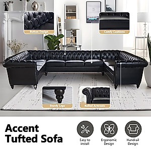 QHITTY U-Shaped Sofa, Sectional Chesterfield Leather Faux Couch 9-Seater Upholstered Large Accent Tufted Sofa with Rolled Armrest and Nailhead Design for Living Room, Apartment, Office (Black)