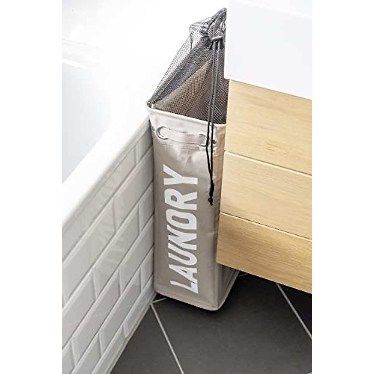 Taupe Corno slimLaundry basket - thin Laundry Hamper with wheels - small space laundry bin - narrow hamper, laundry collector, laundry basket with wheels