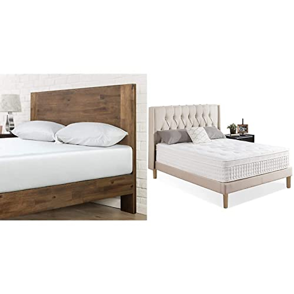 Zinus Tonja Platform Bed, Brown, Full & 13 Inch Euro Top Pocket Spring Hybrid Mattress/Pressure Relief/Pocket Innersprings for Motion Isolation/Bed-in-a-Box, Full,White