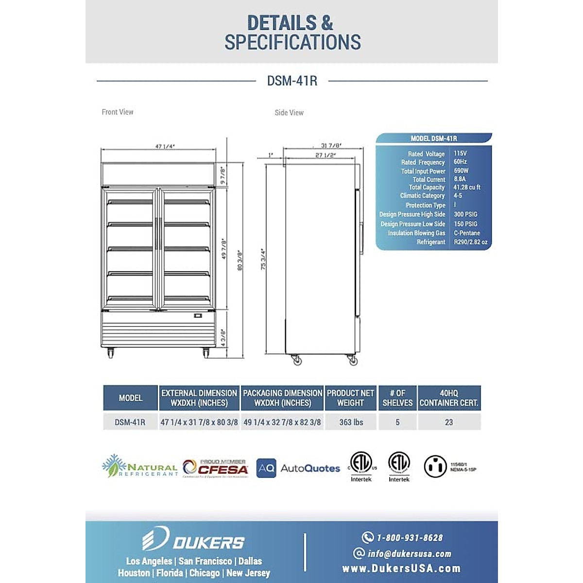 Merchandiser Display Refrigerator, Reach in Beverage Cooler, 41 cu.ft Capacity, 47 1/4" W (2) Glass Swing Door, Auto Defrost, Dukers DSM-41R Black, Commercial Use