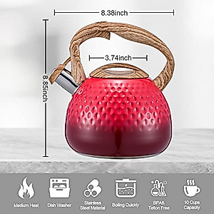 Tea Kettle, Stovetop Teapot, 2.7 Quart, Loud Whistle, Food Grade Stainless Steel and Smooth Wood Pattern Handle, Sophisticated Look for Hiking, Picnic, for Tea, Coffee, Milk (Red)