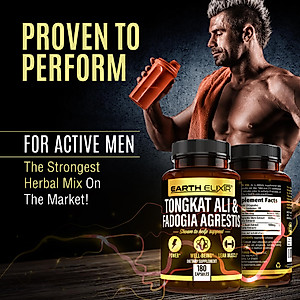 Earth Elixir Fadogia Agrestis 600mg and Tongkat Ali 500mg Supplements (180 Capsules) - Made in USA - 3 Month Supply – 3rd Party Tested - Long Jack - Tongkat Ali Fadogia Agrestis Supplements for Men
