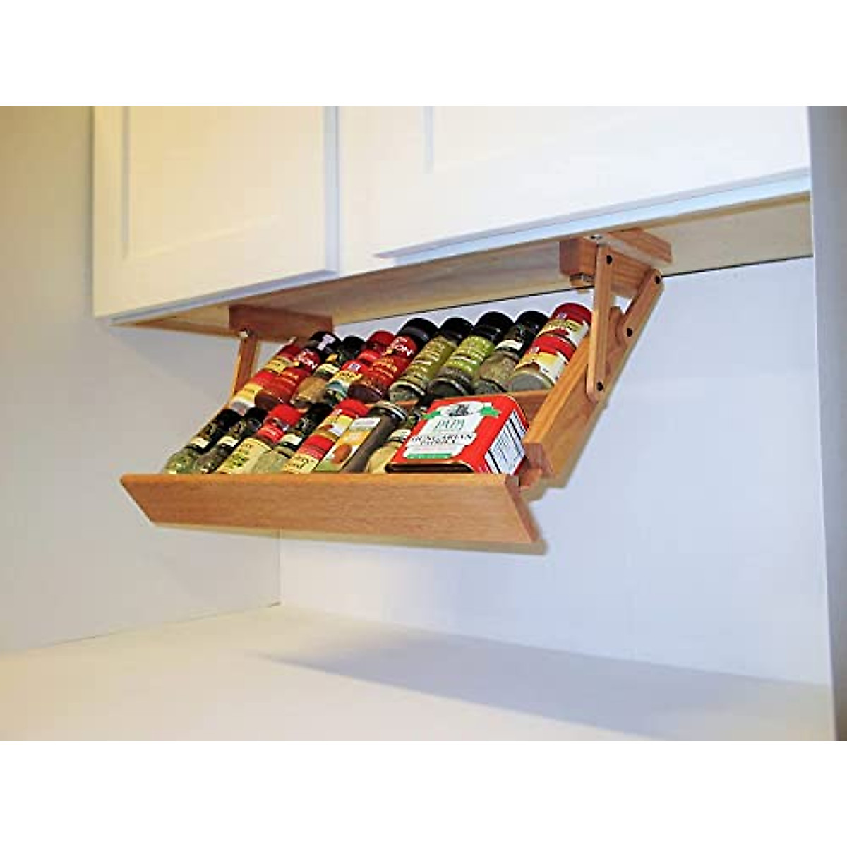 Makimoo Kitchen Storage Under Cabinet Spice Rack, Handmade Hardwood, Holds 16 Large or 32 Small Spice Containers