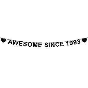 Awesome Since 1993 Banner Happy 29th Birthday Decorations Black Glittery Heart Theme Decor for Men Women 29 Twenty Nine Years Old Birthday Party Supplies Backdrop Pre-strung