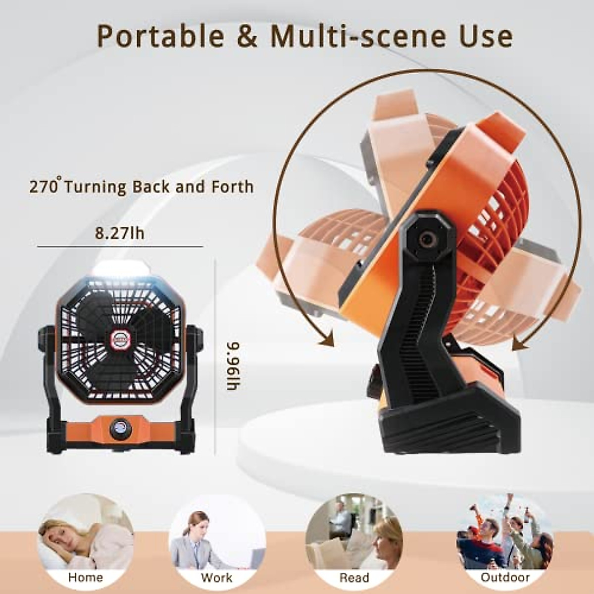 TUNISE Battery Operated Fan, Outdoor Fan,Camping Fans for Tents, 7800mAh Usb Rechargeable Fan, Camping LED Lantern, 3 Speeds Brightness, Ceiling Fan with Hook, Strong Wind Quiet, Sturdy Drop Resistant