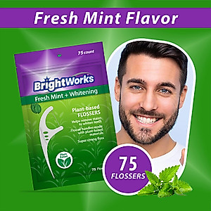 225 Piece BrightWorks Fresh Mint + Whitening Dental Flossers with Plant-Based Handles, Super-Strong Floss and Mint-Flavored Floss with Micro-Crystals, 75 Count (Pack of 3)