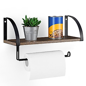 BTY Paper Towel Holder with Shelf, Vintage Farmhouse Wall Mounted Paper Towel Holder Under Cabinet Spice Rack for Kitchen, Bathroom Toilet Paper Dispenser - Rustic Brown