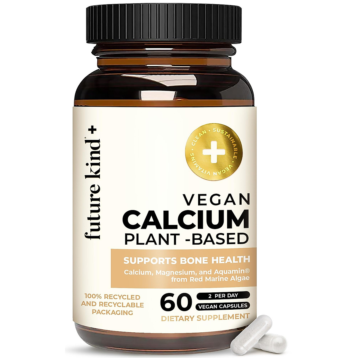 Future Kind Vegan Calcium Supplement (60 Capsules) - Plant-Based Calcium Magnesium Supplement Sourced from Iceland for Teeth and Bone Support - Calcium Supplements for Women & Men