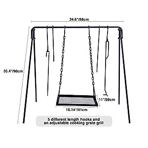 REDCAMP Campfire Cooking Stand for BBQ Picnic Cookware Party, Swing Hanging Grill for Fire Pit with Dutch Oven Lid Lifter & Hooks