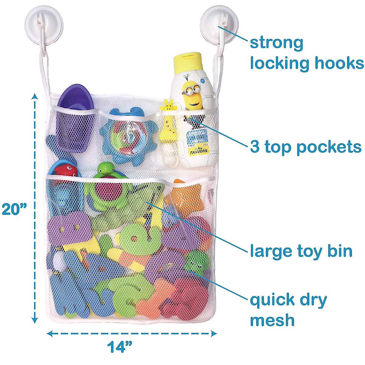 Lilly's Love Bath Toy Storage - Large 14 x 20 inch Bathtub Toy Holder + 2 Locking Hooks, Quick Dry & Easy for Kids to Put Bath Toys Away