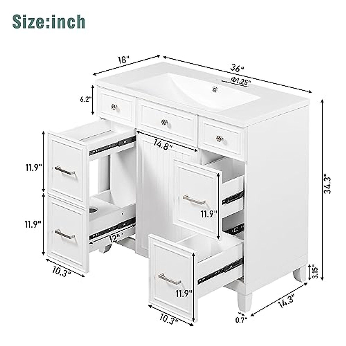 CuisinSmart 36" Bathroom Vanity Cabinet,White Modern Bathroom Vanities Sink Combo,Ample Storage Space Vanity with Sink and Countertop with 3 Drawers and 1 Door,18 x 36 x 34 (Without Faucet)