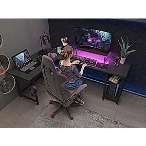 SZXKT L Shaped Computer Desk with Monitor Stand and Power Outlets,Gaming Desk with Storage Shelf and LED Lights,Home Office Reversible Corner with Hooks (Black)