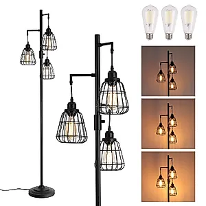 9MMML 68” Living Room Floor Lamp, Industrial Farmhouse 3 Teardrop Cage Standing Lamp,Black Tall Floor Lamp for Bedroom Office, 3 LED Edison Bulbs Included