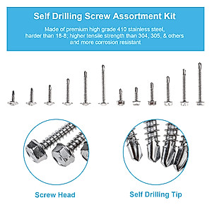 Toolly 400PCS #8 x 1/2" to 1-1/2" Self Drilling TEK Screws Assortment Kit, Hex Washer Head & Wafer Head, 410 Stainless Steel Self Tapping Sheet Metal Screws for Metal, Wood, Plastics