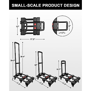 SERVOMASTER Folding Hand Truck, Hand Truck Dolly 500 LB Heavy Duty, Foldable Luggage Cart with 6 Wheels and 2 Elastic Cords with Adjustable Handle for Luggage, Travel, Shopping, Office Moving, Black