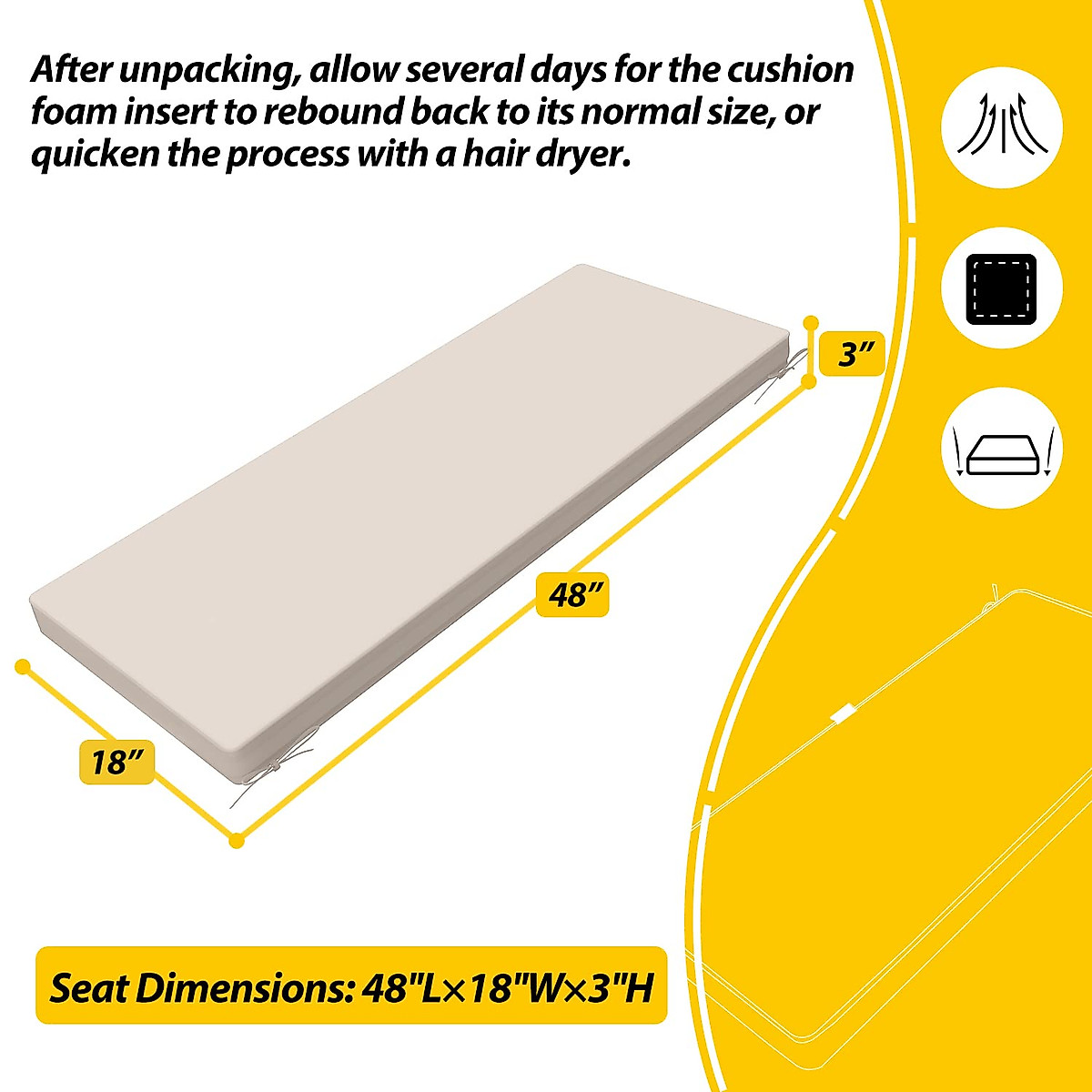 AAAAAcessories Outdoor/Indoor Bench Cushion for Patio Furniture Bench/Swing/Settee, 48 x 18 x 3 Inch, Beige