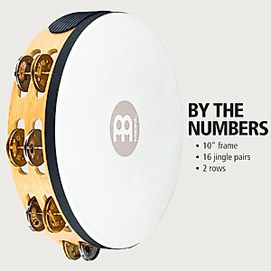 Meinl Percussion TAH2M-SNT Traditional 10-Inch Wood Tambourine with Goat Skin Head and Dual Alloy Jingles, 2 Row