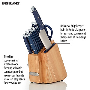 Farberware Edgekeeper Triple Riveted Slim Knife Block Set with Built in Sharpener, 14-Piece, Navy